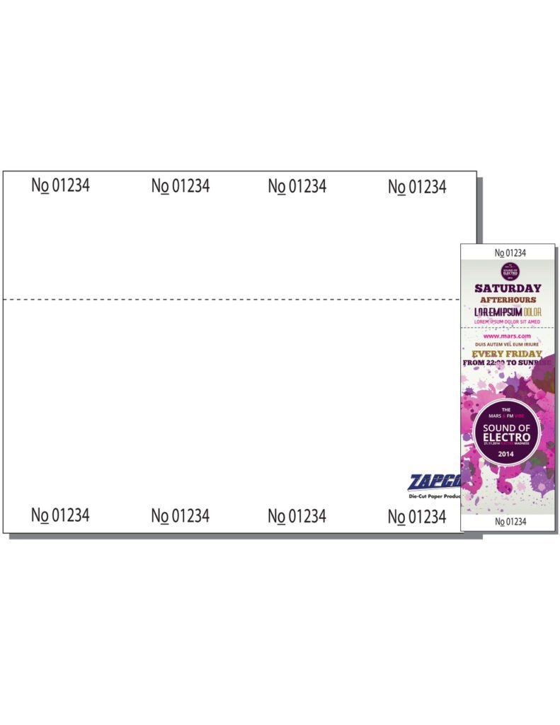 4-Up Tickets: 2.125x6.5 on 8.5x6.5 Sheet, 250 Pack